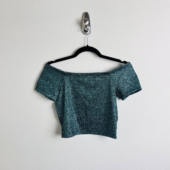 Forever 21 | Tops | Metallic Glitter Emerald Green Off Shoulder Crop ...